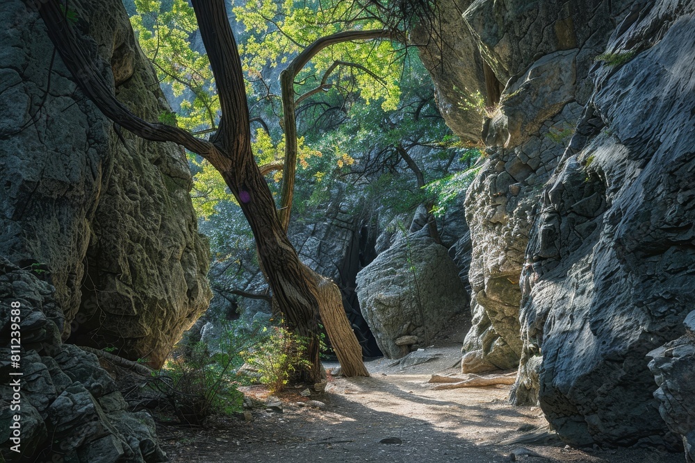 A narrow path winds through a rocky area towards a hidden cave entrance ...