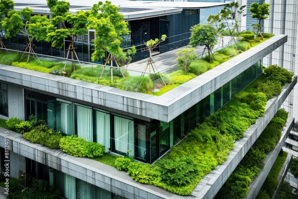 Highrise apartment building featuring a green roof, A high-rise office ...