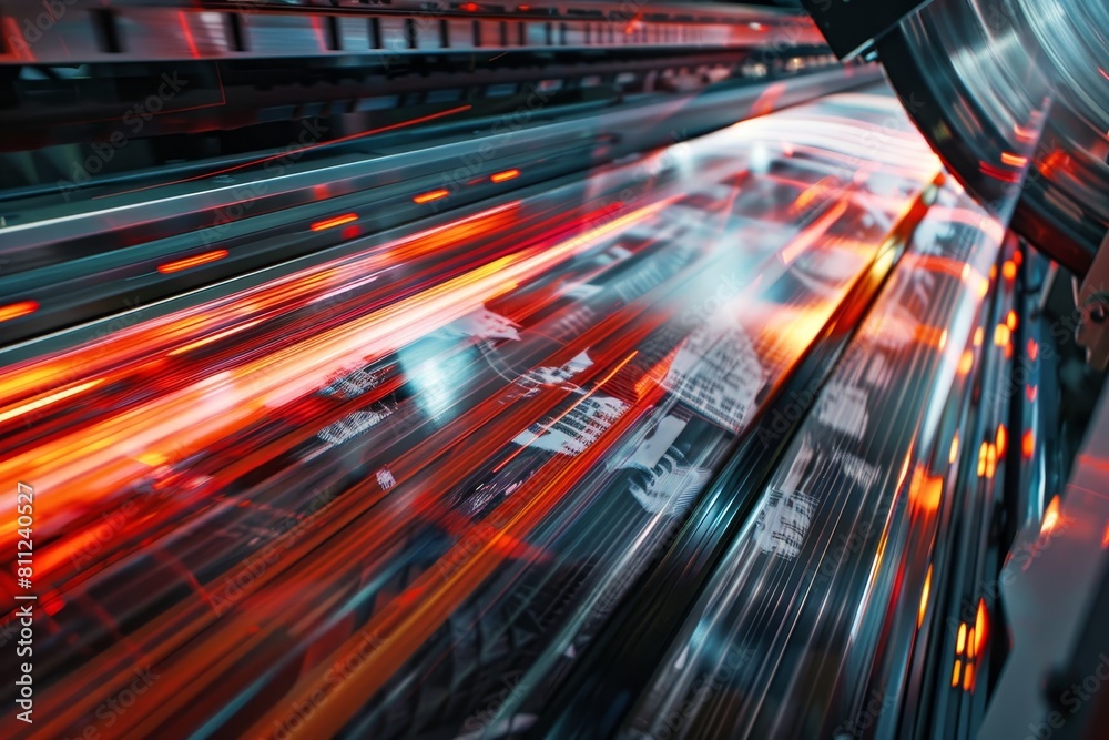 A fast-moving train zooms through a city landscape, showcasing the ...