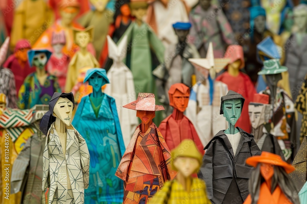 Collective of paper dolls in various designs and colors standing side ...