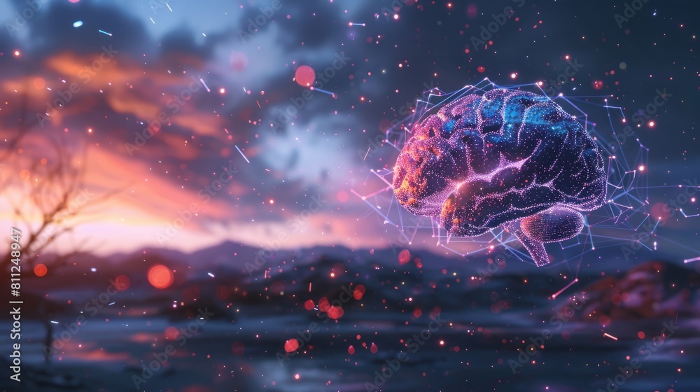 Conceptual brain in thought, blending with cosmic elements, exploring ...