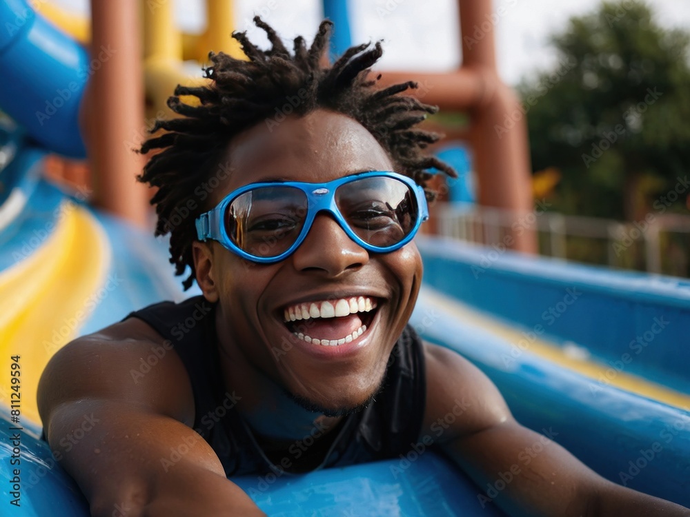 Dark-skinned young man very happy, smiling with goggles rolls down a ...
