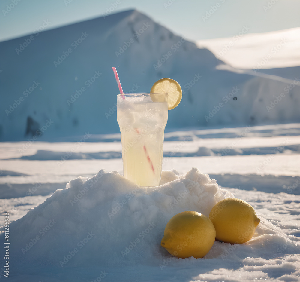 A tall glass of lemonade with a slice of lemon perched on the rim and a ...