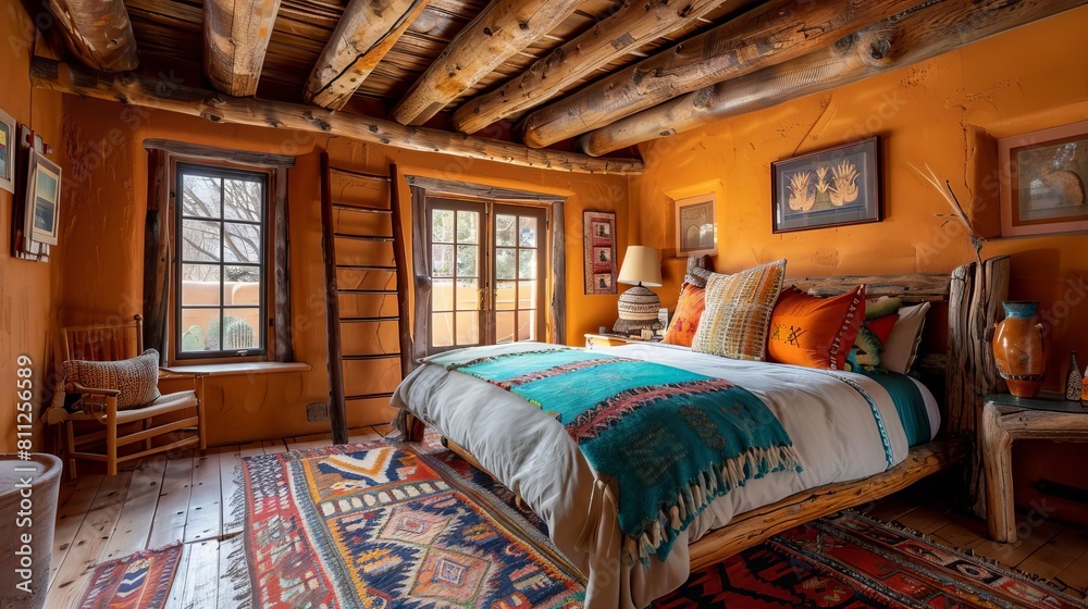 Cozy Southwestern bedroom featuring a log bed frame, wool blanket in ...