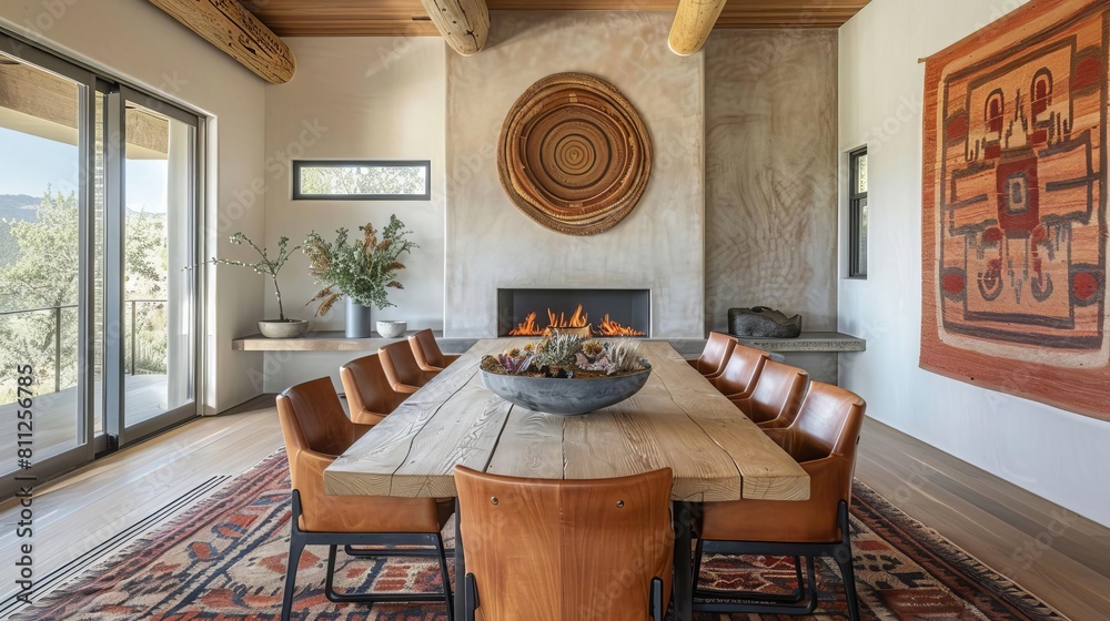 Minimalist Southwestern dining room featuring a sleek wooden table ...