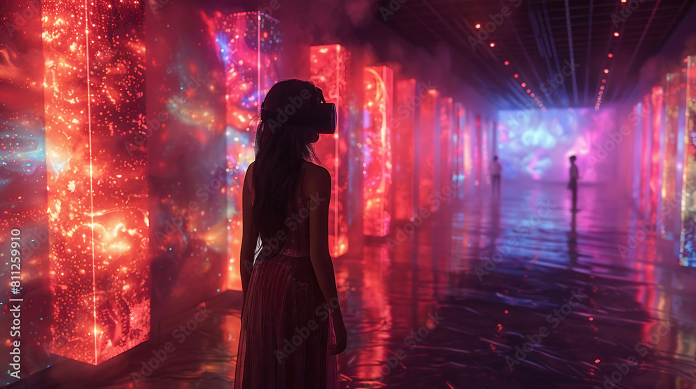 Virtual reality art gallery with immersive digital exhibits, visitors ...