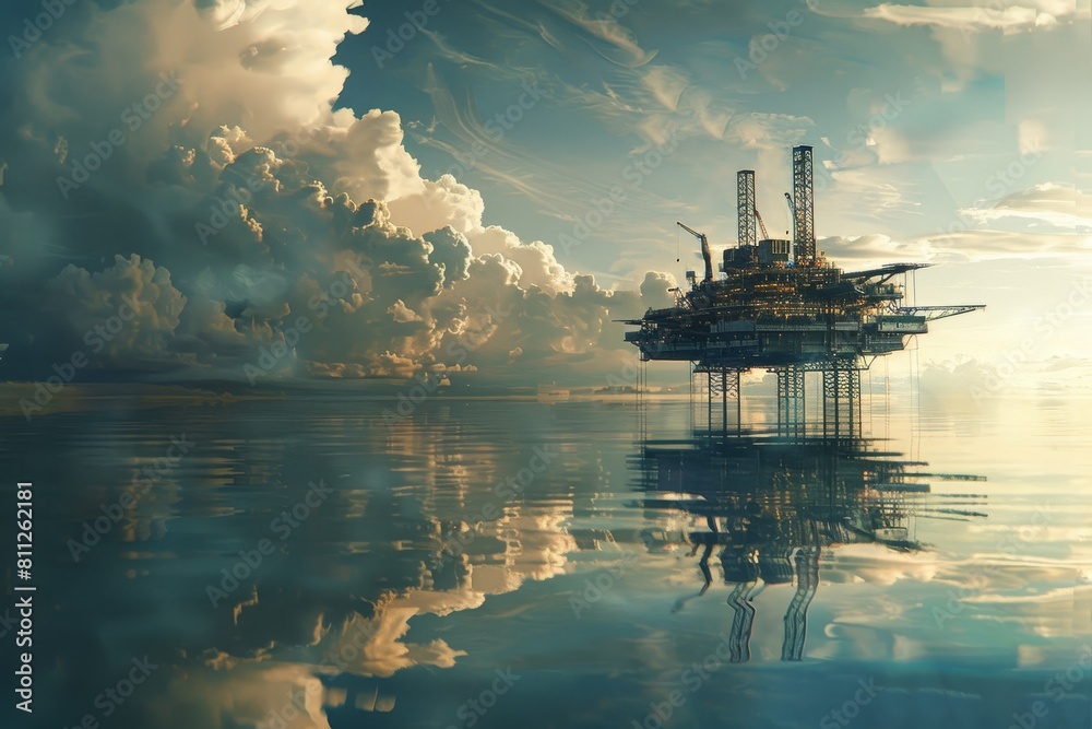 An oil rig stands tall in the middle of a vast body of water ...