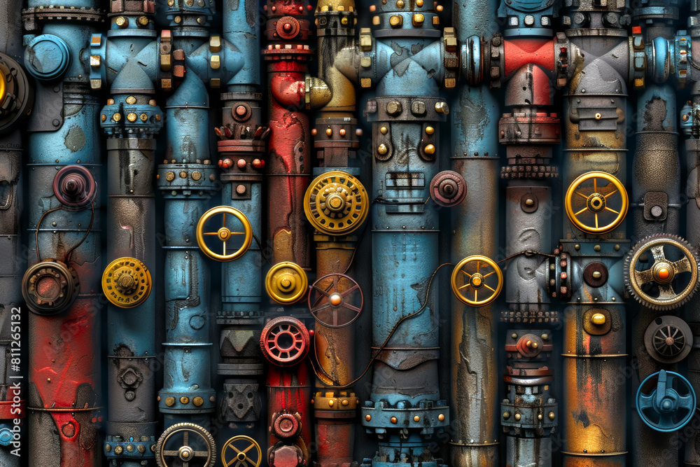 Old rusty metal pipes and valves on a wall, industrial steampunk ...