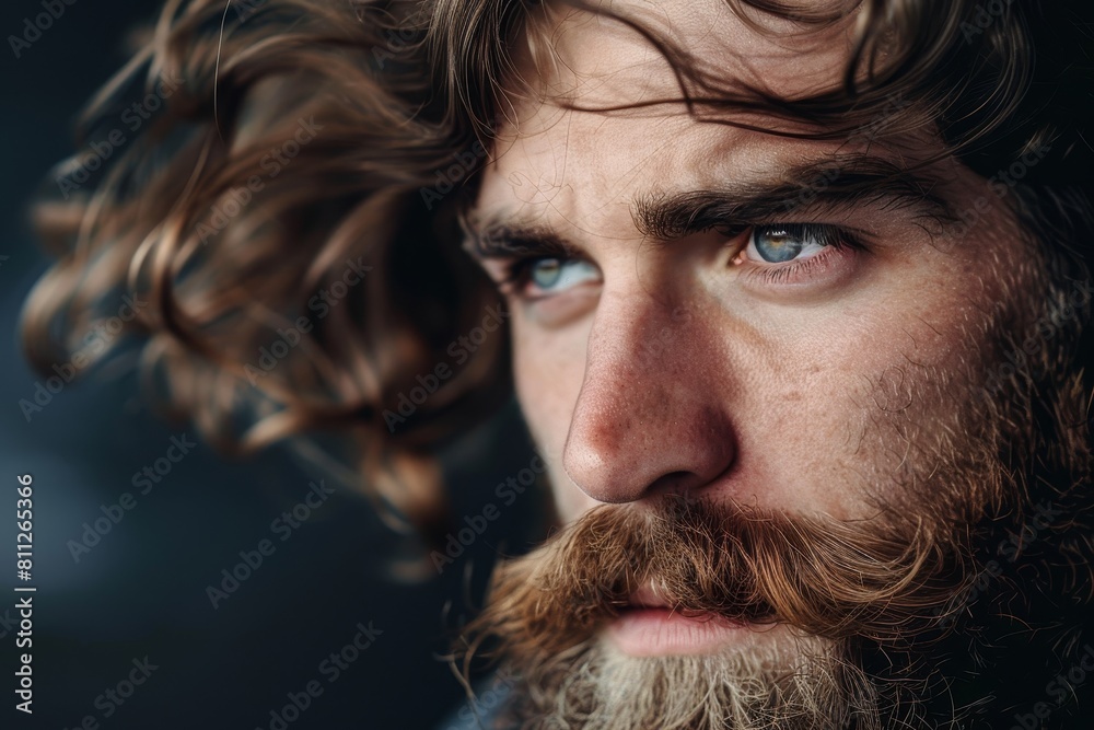 Detailed view of a man with rugged beard and tousled long hair, A man ...