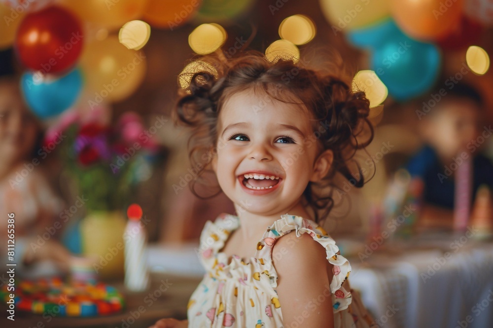 Birthday party for cute child. Little girl laughing and looking happy ...