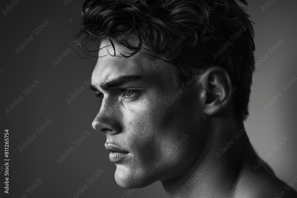 A young man with a strong jawline and chiseled features in a black and ...
