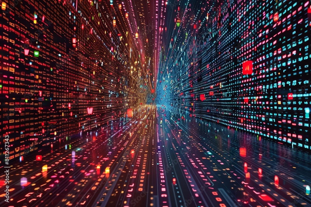 Colorful lines and dots form a tunnel in a dark room, resembling a ...