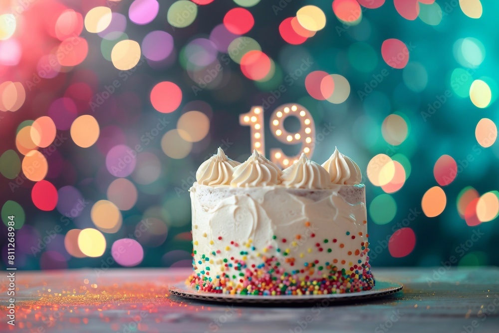 Sweet Birthday cake with number 19 on top on colorful bokeh background ...
