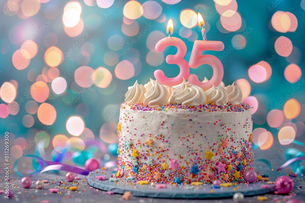 Sweet Birthday cake with number 35 on top on colorful bokeh background ...