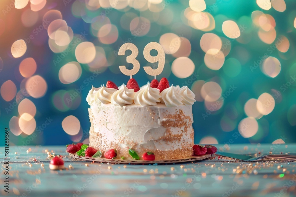 Sweet Birthday cake with number 39 on top on colorful bokeh background ...