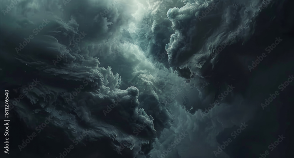 Dark clouds, danger and sky with storm, natural disaster and typhoons ...