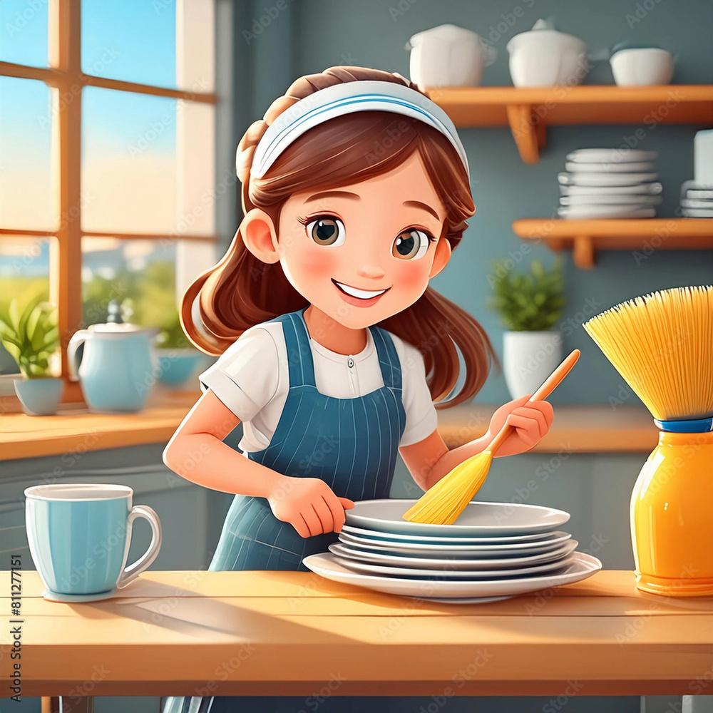 Whimsical Animation: Girl Sweeping House & Washing Dishes Household ...
