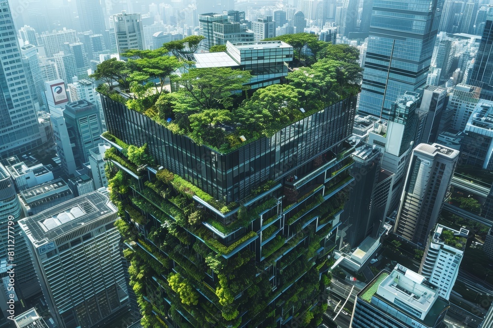 Aerial view of a skyscraper with trees growing on its rooftop ...