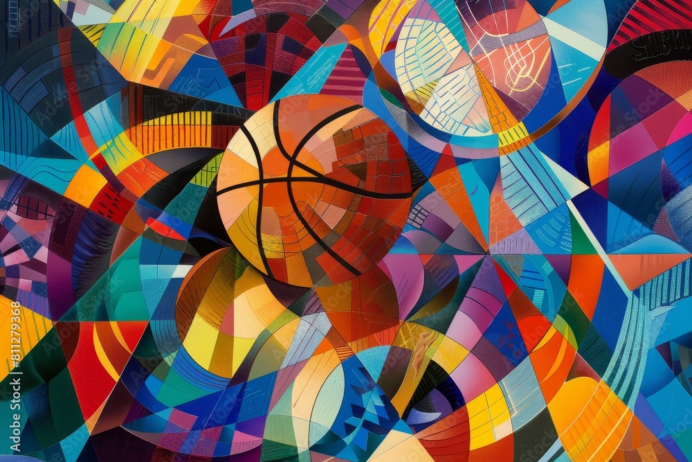 Colorful mosaic depicting a basketball ball and basketball in motion, A ...