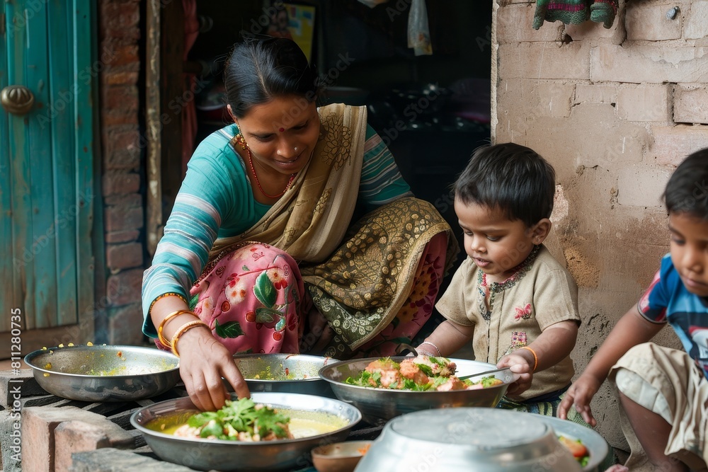 A woman is instructing two children on how to prepare traditional food ...
