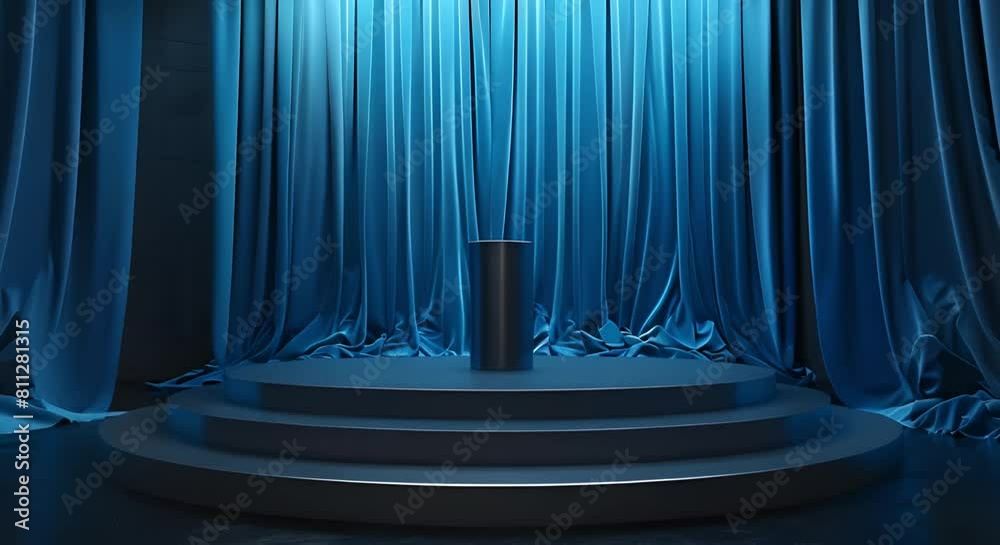Montage of product displays on black stage with blue curtains and ...