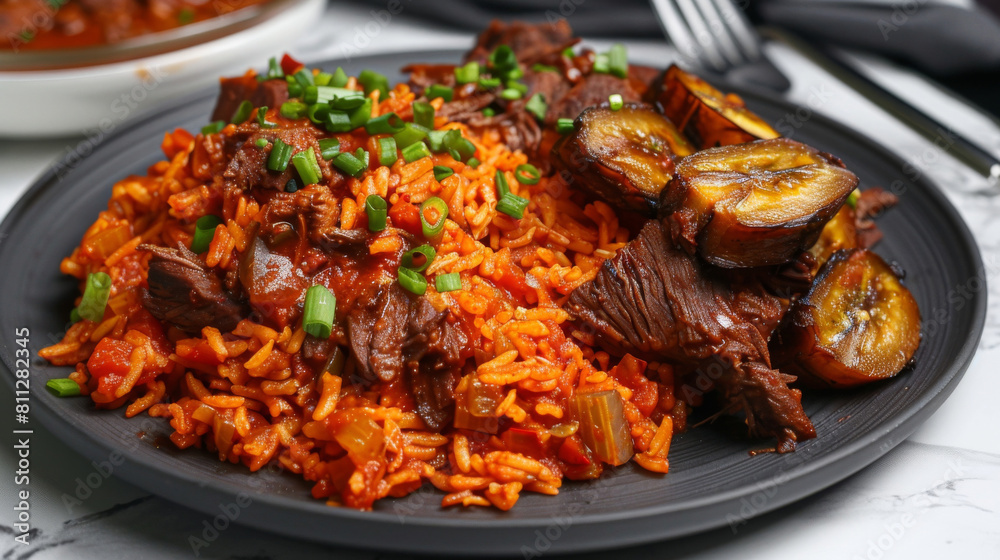 Authentic ghanaian jollof rice served with succulent beef and sweet ...
