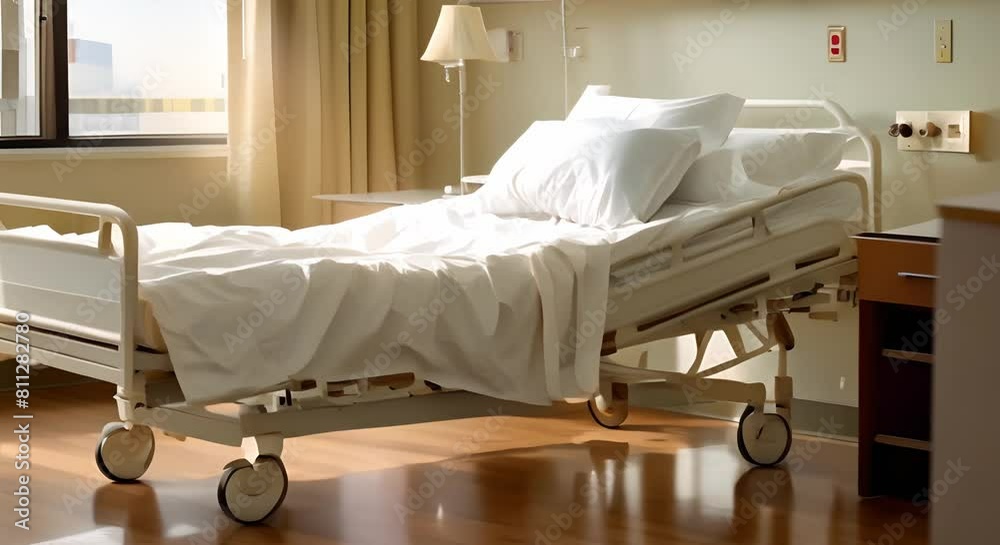 Clean empty hospital bed in a specially designed room for patients ...