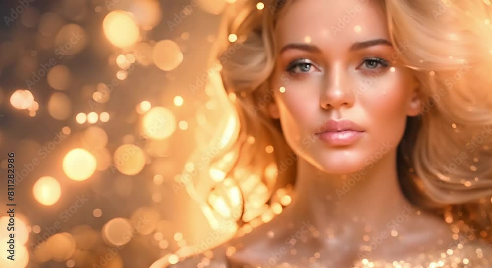 Glamorous Blonde Woman with Curly Hair on a Golden Glitter Background ...
