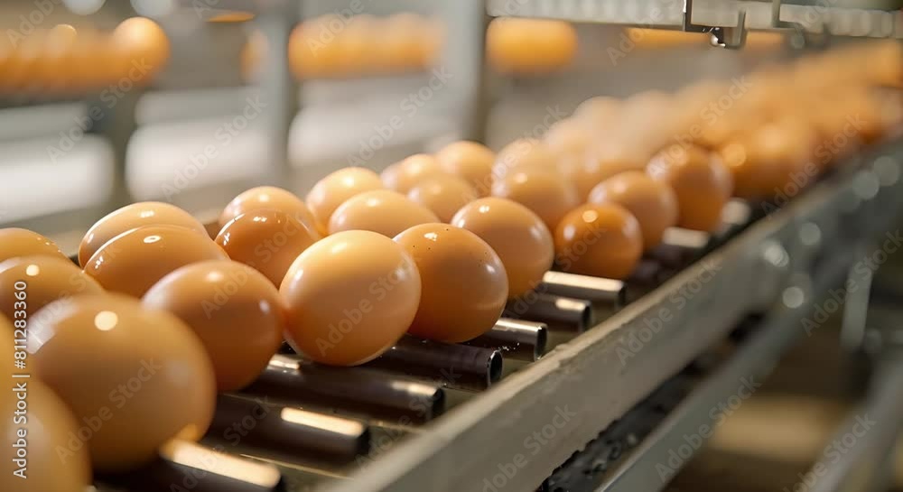Eggs on conveyor belt at poultry farm during production process ...