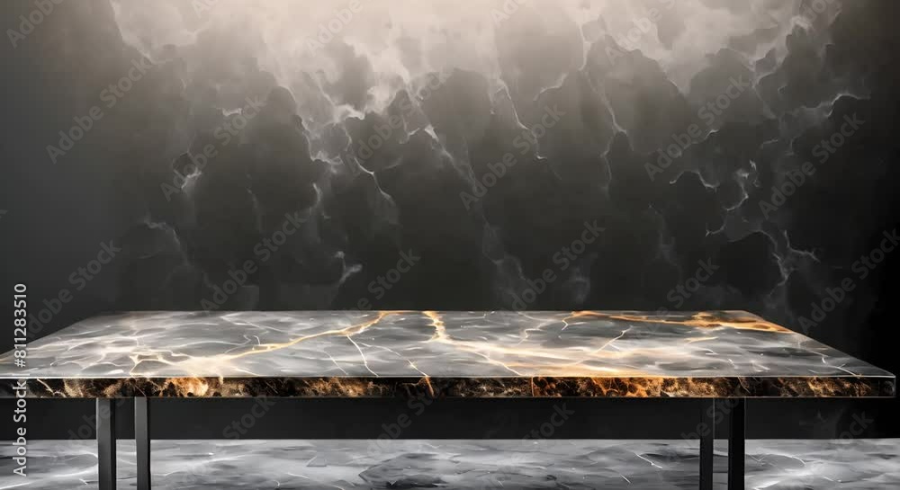 Elegant Dark Grey Table with Gold Marble Design on Black Background ...