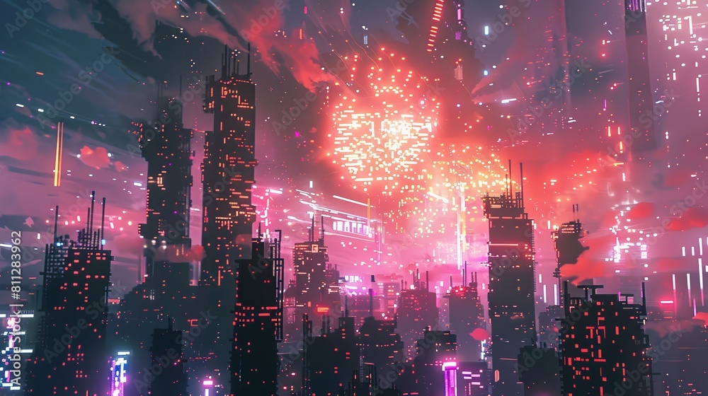 The AI-generated photo shows a futuristic city with fireworks exploding ...