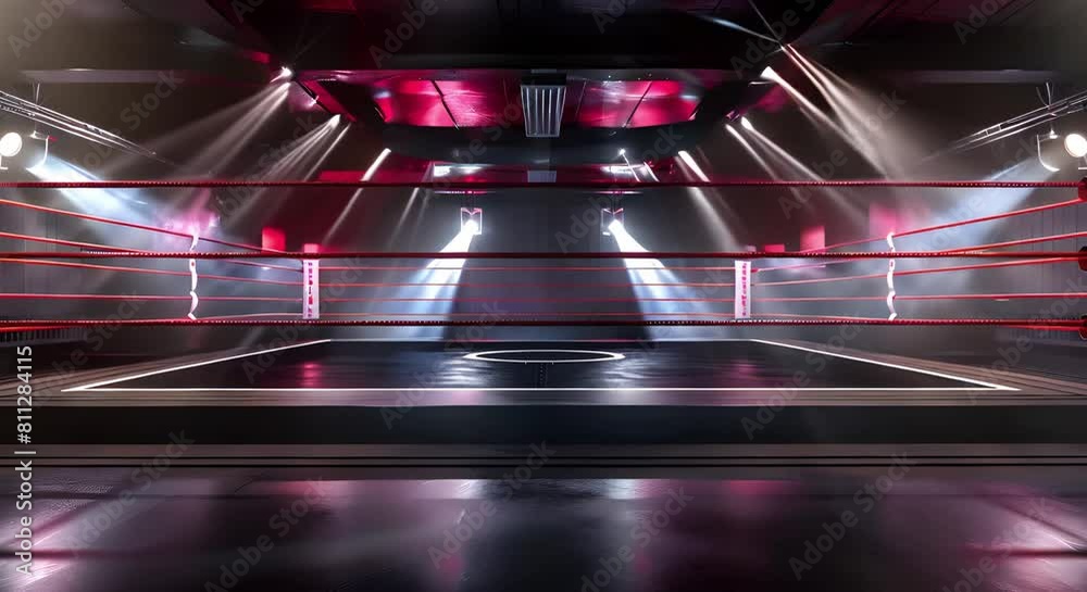 Empty boxing ring with red ropes and spotlights in dark room. Concept ...