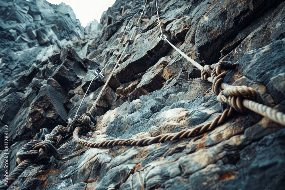 Rope Attached to Side of Mountain, A network of ropes and anchors ...