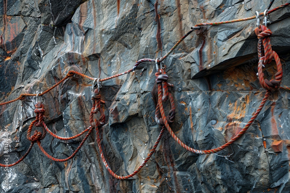 Rock Wall With Ropes for Climbing, A network of ropes and anchors ...