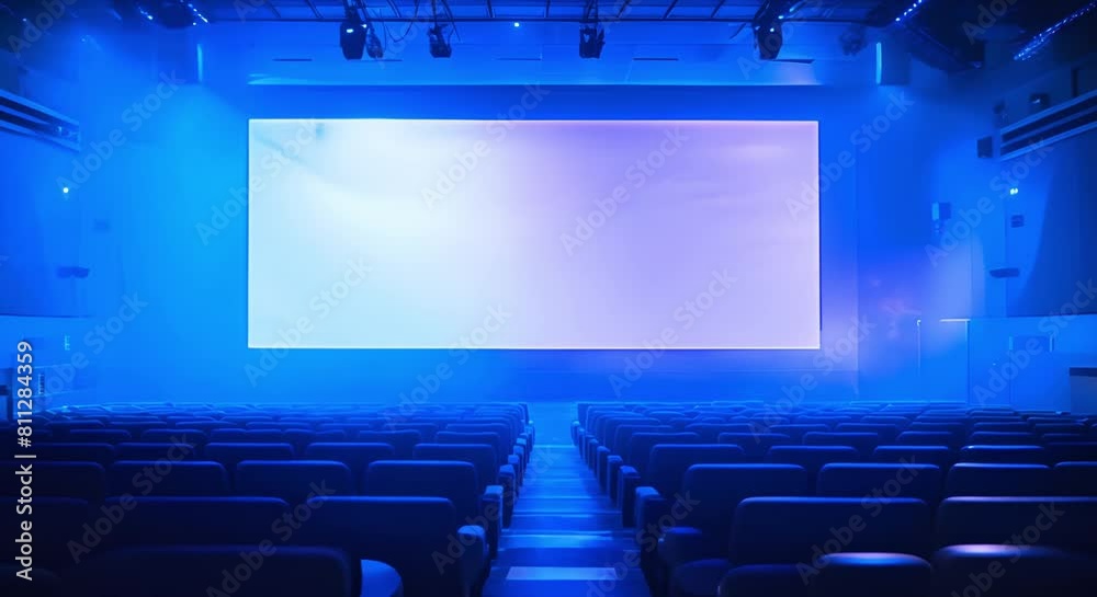 Mockup of an empty blue cinema hall with a white screen. Concept ...
