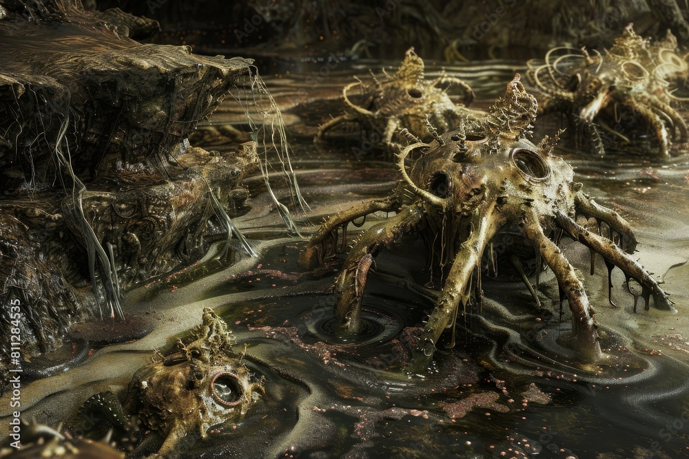 A disturbing scene of multiple deceased creatures lying in a muddy ...