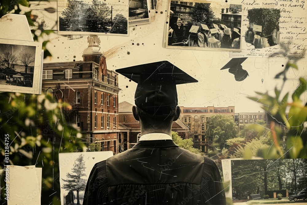 Graduated man in academic attire posing in front of nostalgic photo ...