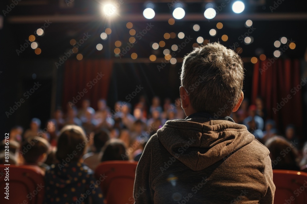 A young boy is seated in front of a crowd of people, engaging with the ...