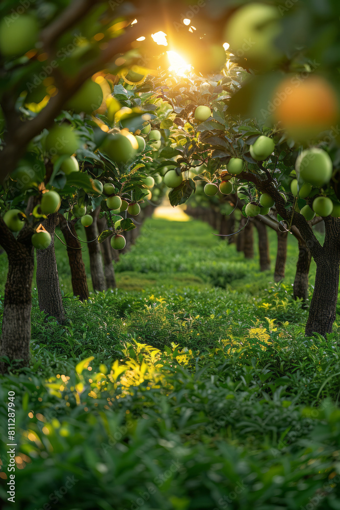 Whimsical orchard with trees bearing bills instead of fruits, set in a ...