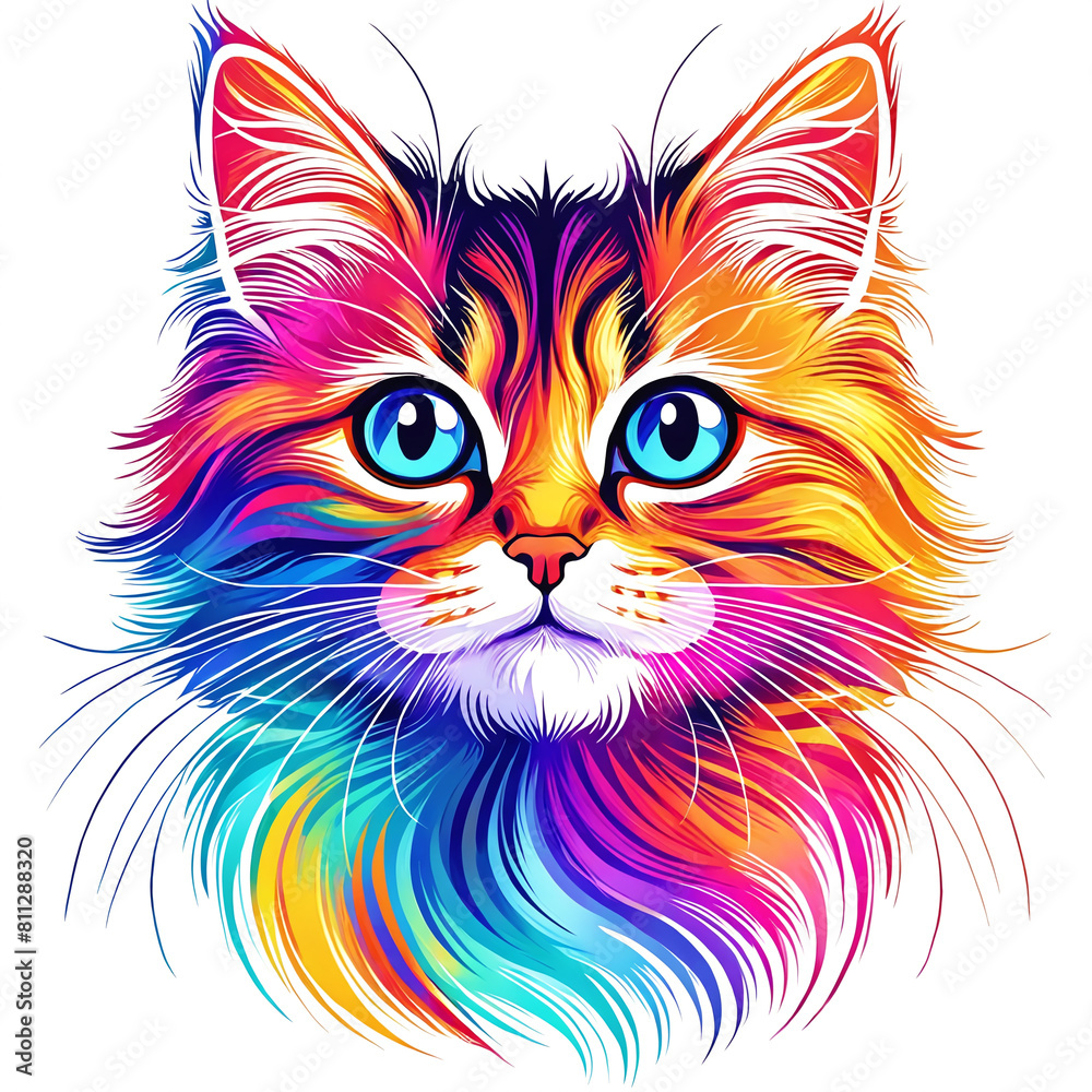 A colorful cat head with a big, bushy and long-haired rainbow fur. The ...