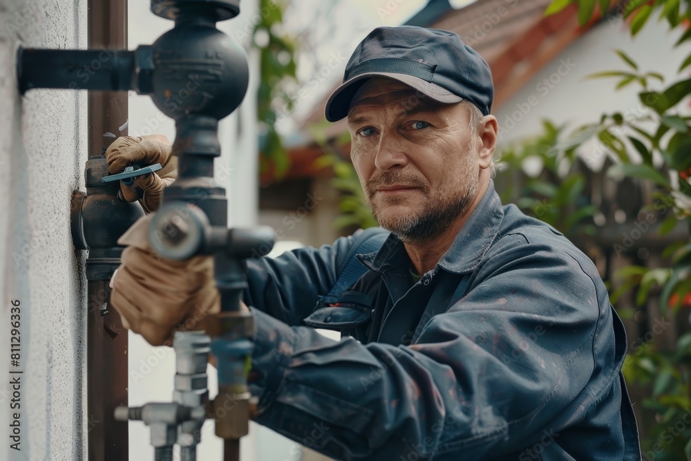 A plumber in uniform, wearing a blue jacket and hat, is fixing a leaky ...