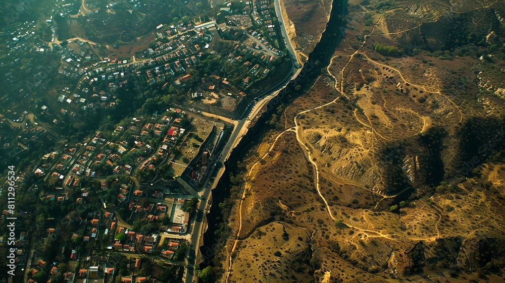 An overhead photo of a country border with poverty on one side the ...