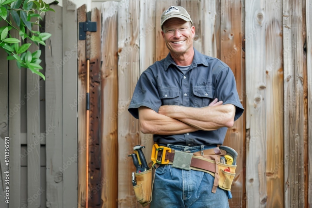A plumber wearing a tool belt stands with his arms crossed in front of ...