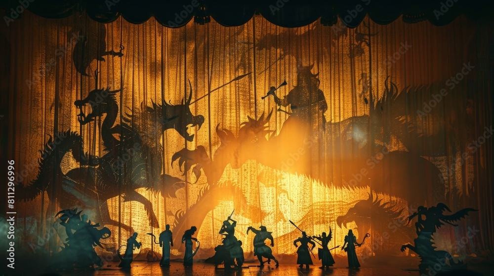 A 2D shadow puppet show cast onto a 3D curtain, depicting mythical ...
