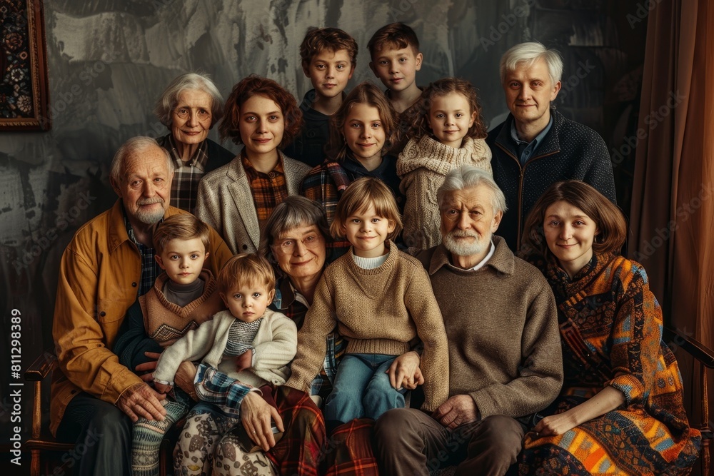 Multigenerational family sitting closely together outdoors, A portrait ...
