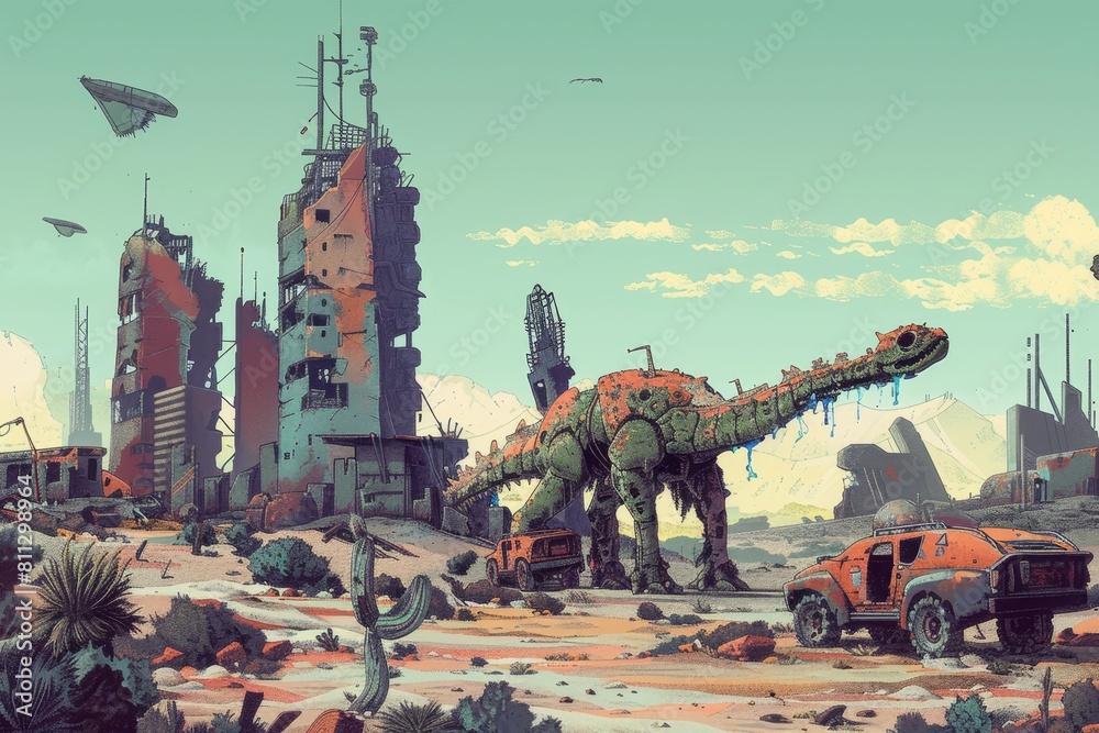 Ilustração do Stock: A painting depicting a dinosaur and a car in a ...