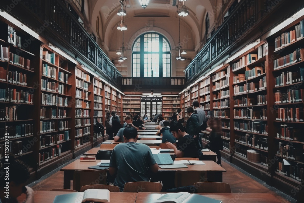 A vast library packed with numerous books on shelves, with students ...