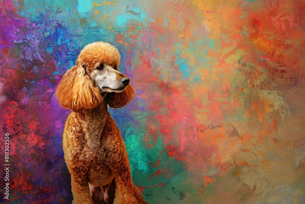 A poodle sits regally in front of a vibrant and colorful background, A ...