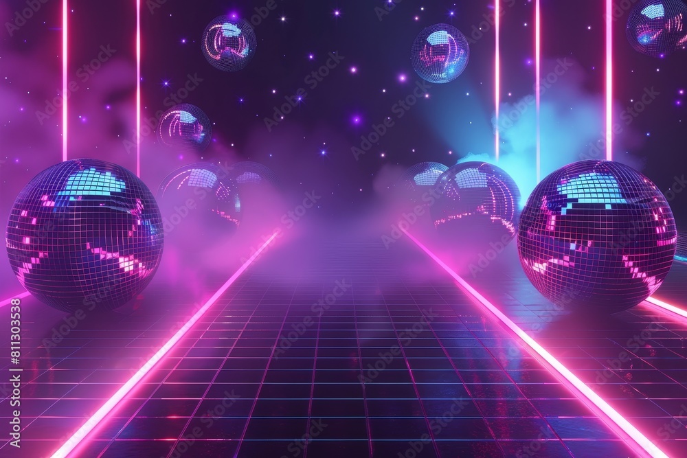 A lively disco scene with multiple spinning disco balls casting light ...