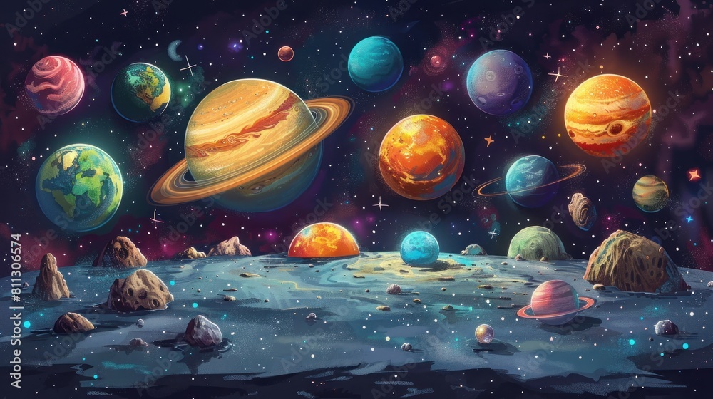 Cartoon solar system. Small planet Space galaxy astronomy. Sun Mercury ...